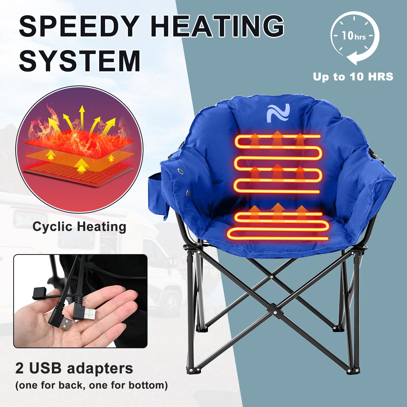 MOPHOTO Heated Camping Chair, Portable Heated Camping Chairs Outdoor, Padded Oversized Heated Folding Chairs Outdoor Sports, Heating Lawn Chair Patio Lounge Chairs for Adults