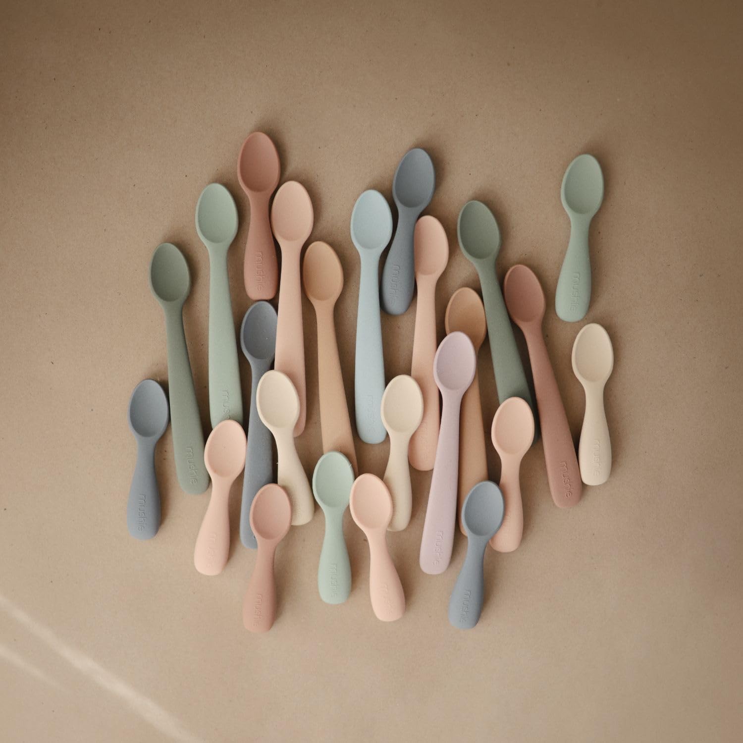 mushie Silicone Toddler Starter Spoons | 2 Pack (Blush/Shifting Sand)