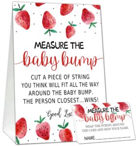 baby shower games measure the baby bump game, berry sweet theme, how big is mommy's belly party supplies. 1 sign and 50 guessing cards.