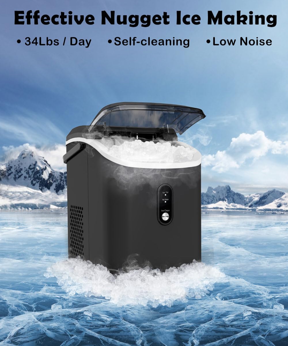 COWSAR Nugget Ice Maker Countertop, Chewable Pebble Ice 34Lbs Per Day, Crunchy Pellet Ice Cubes Maker Machine with Self Cleaning, Compact Portable Design for Home/Kitchen/RV/Office