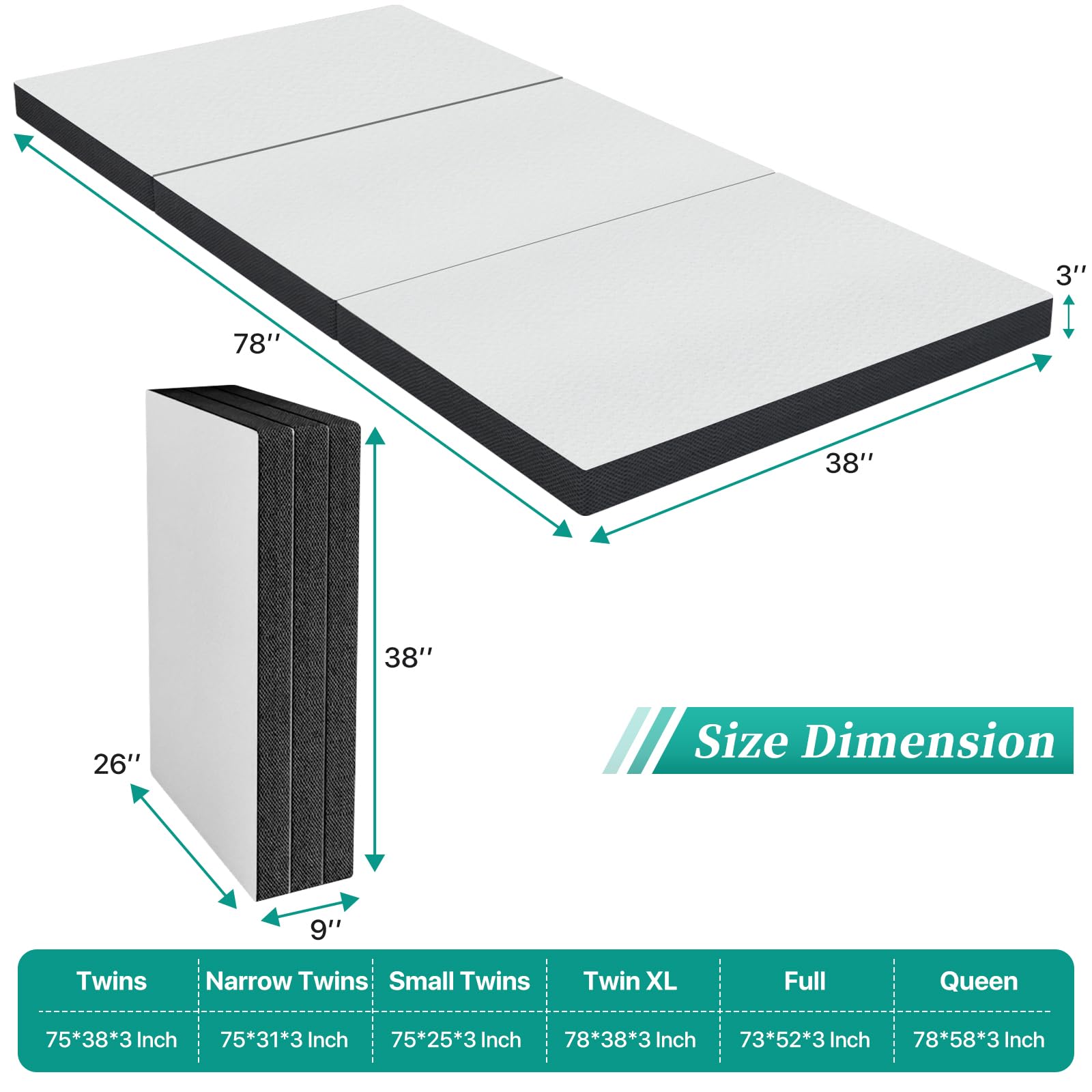 Folding Gel Memory Mattress, CertiPUR-US Portable Mattress Topper, Tri-Fold Mattress with Washable Cover-Foldable Foam Mattress Medium Firmness, for Travel, Camping, Sleepovers (Twin XL)