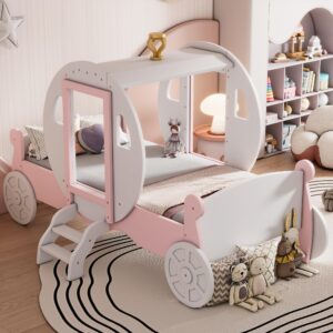 deinppa twin size princess bed with crown, wood carriage shaped platform car bed with stair, for kids girls toddler, white+pink