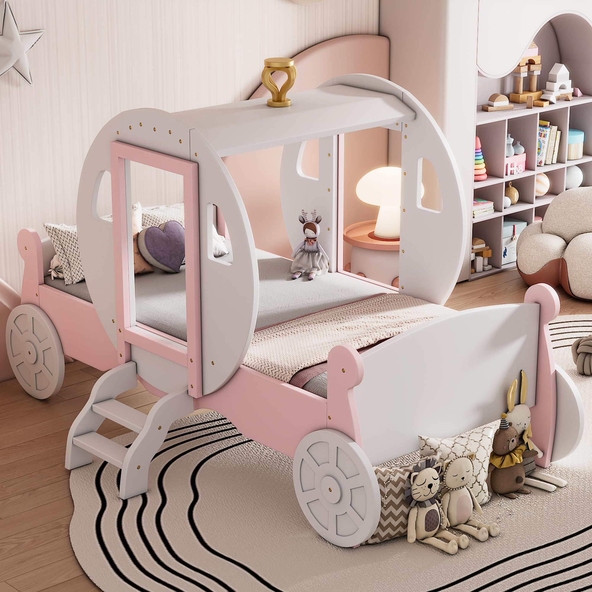 DEINPPA Twin Size Princess Bed with Crown, Wood Carriage Shaped Platform Car Bed with Stair, for Kids Girls Toddler, White+Pink