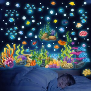 glow in the dark under the sea wall decals, coral reef and seaweed undersea ocean wall stickers luminous removable underwater sea wall stickers for kids boys bedroom watercolor ocean creatures decor