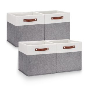 kelaishu storage cubes, 11 inch foldable storage bins linen fabric bins with double handles and cardboard, storage box for organizing shelves closet toy clothes, grey & white, 11x11x11, 4 pack