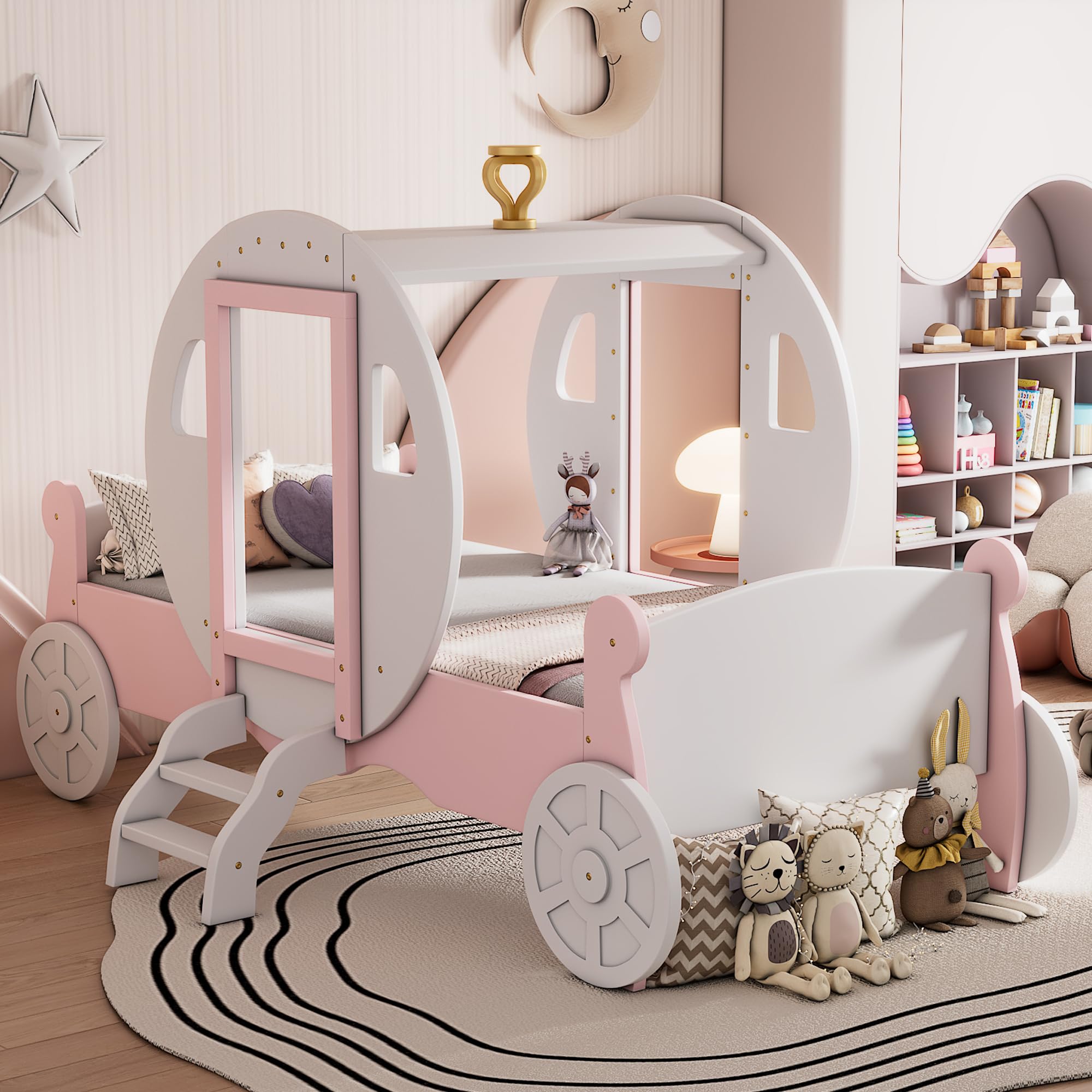 DEINPPA Twin Size Princess Bed with Crown, Wood Carriage Shaped Platform Car Bed with Stair, for Kids Girls Toddler, White+Pink