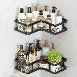 pavtner corner shower caddy, adhesive stainless steel shower shelf shower caddy, corner shower shelves for inside shower, shower organizer shelf with 8 hooks, shower storage organizer rack black