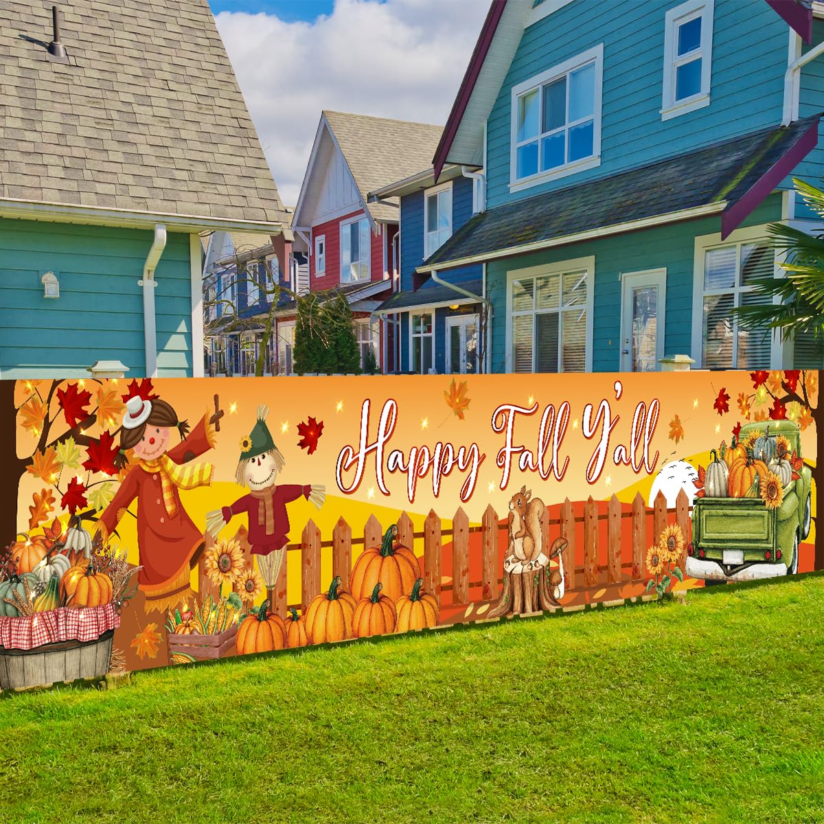 Fall Y'all Party Banner Happy Fall Decorations Outdoor Polyester Scarecrow Fall Leaves Fall Garden Sign for Home Front Porch Yard Sign Thanksgiving Decorations Fall Party Supplies