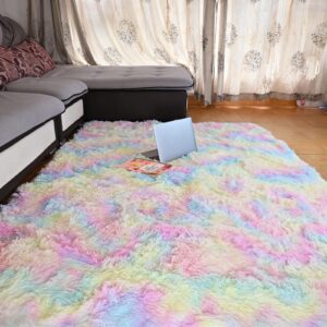 beyeutao area rug rainbow fluffy living rugs 4.6x6.6 feet soft indoor modern fluffy living room carpets for girls bedroom home decor nursery rug.