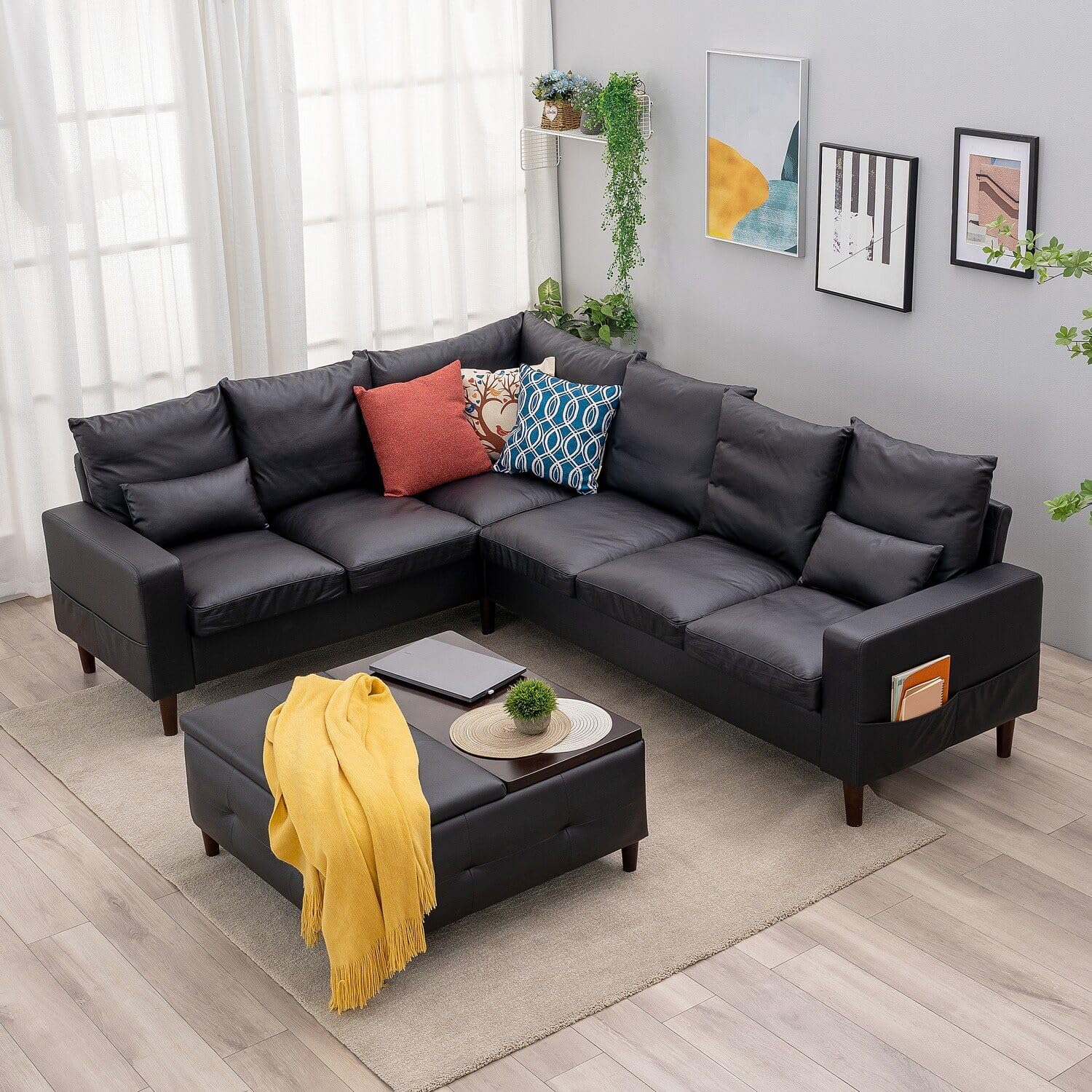 Panana 6 Seats Fuax Leather Large SECTIONAL Corner Sofa Settee - Sofa for Living Room-Left/Right-Hand Side Sofas, Black