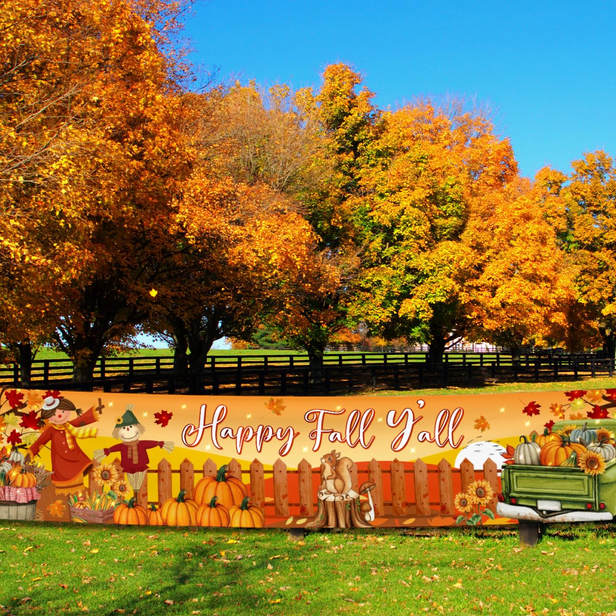 Fall Y'all Party Banner Happy Fall Decorations Outdoor Polyester Scarecrow Fall Leaves Fall Garden Sign for Home Front Porch Yard Sign Thanksgiving Decorations Fall Party Supplies