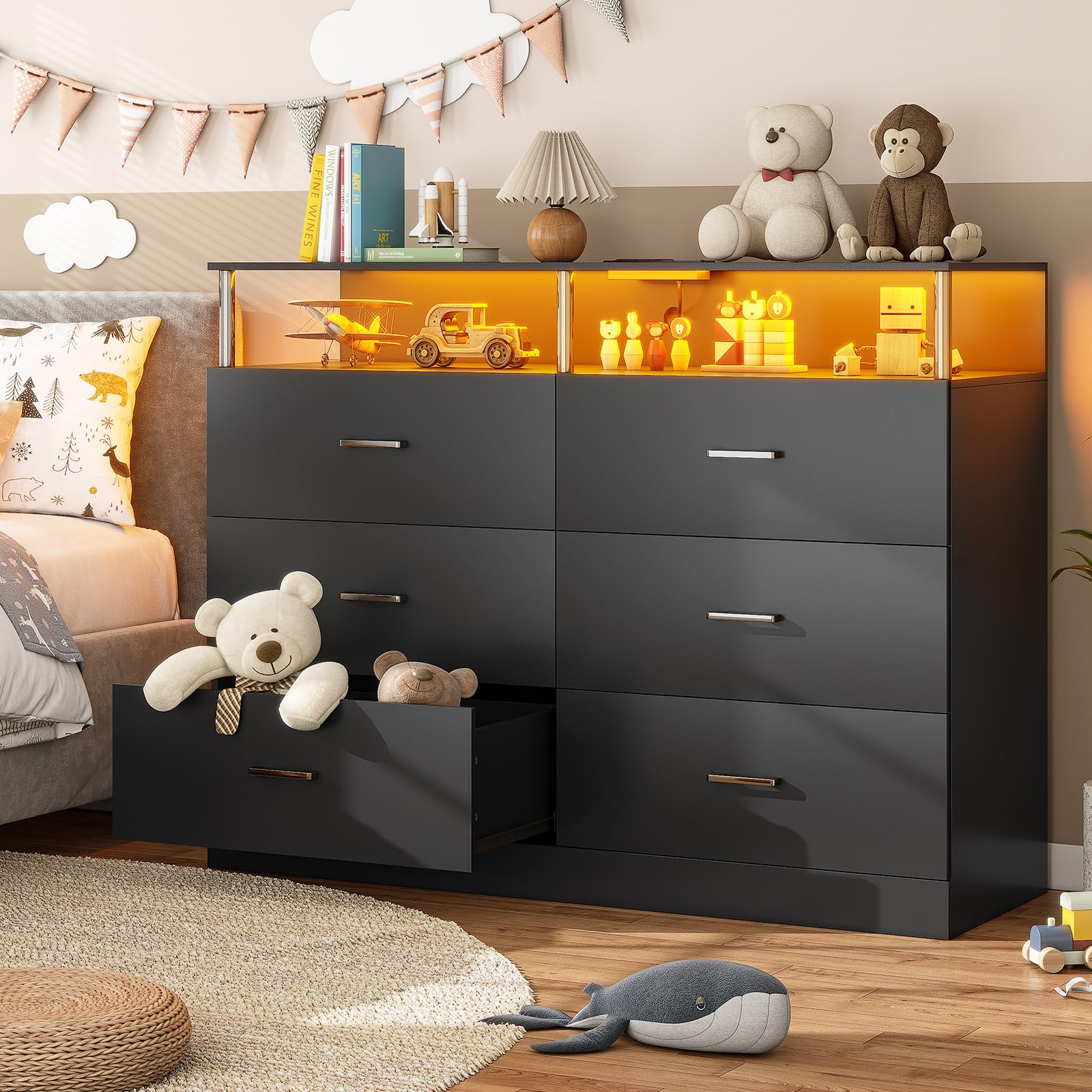 AOGLLATI Black Dresser for Bedroom with 6 Drawers, Dressers & Chests of Drawers with Column Design & Charging Station, Modern Bedroom Led Wide Dresser for Bedroom Closet