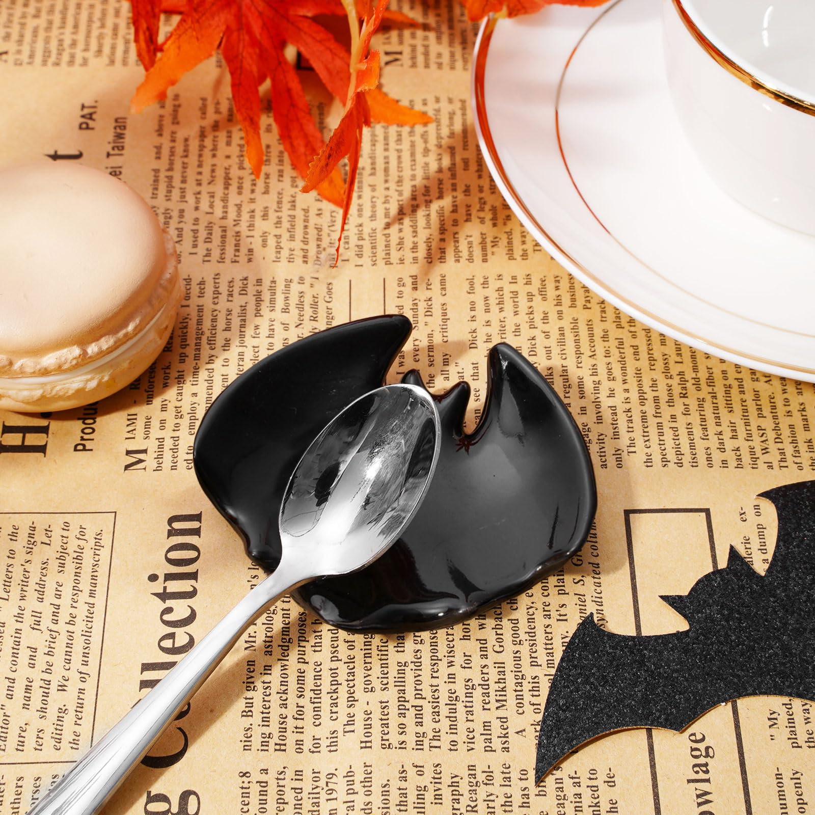 AnyDesign 4 Pieces Halloween Bat Coffee Spoon Rest Black Ceramic Bat Teaspoon Holder Spooky Home Decor Accessories for Halloween Teacher Gift Kitchen Office Coffee Bar Coffee Stirrers