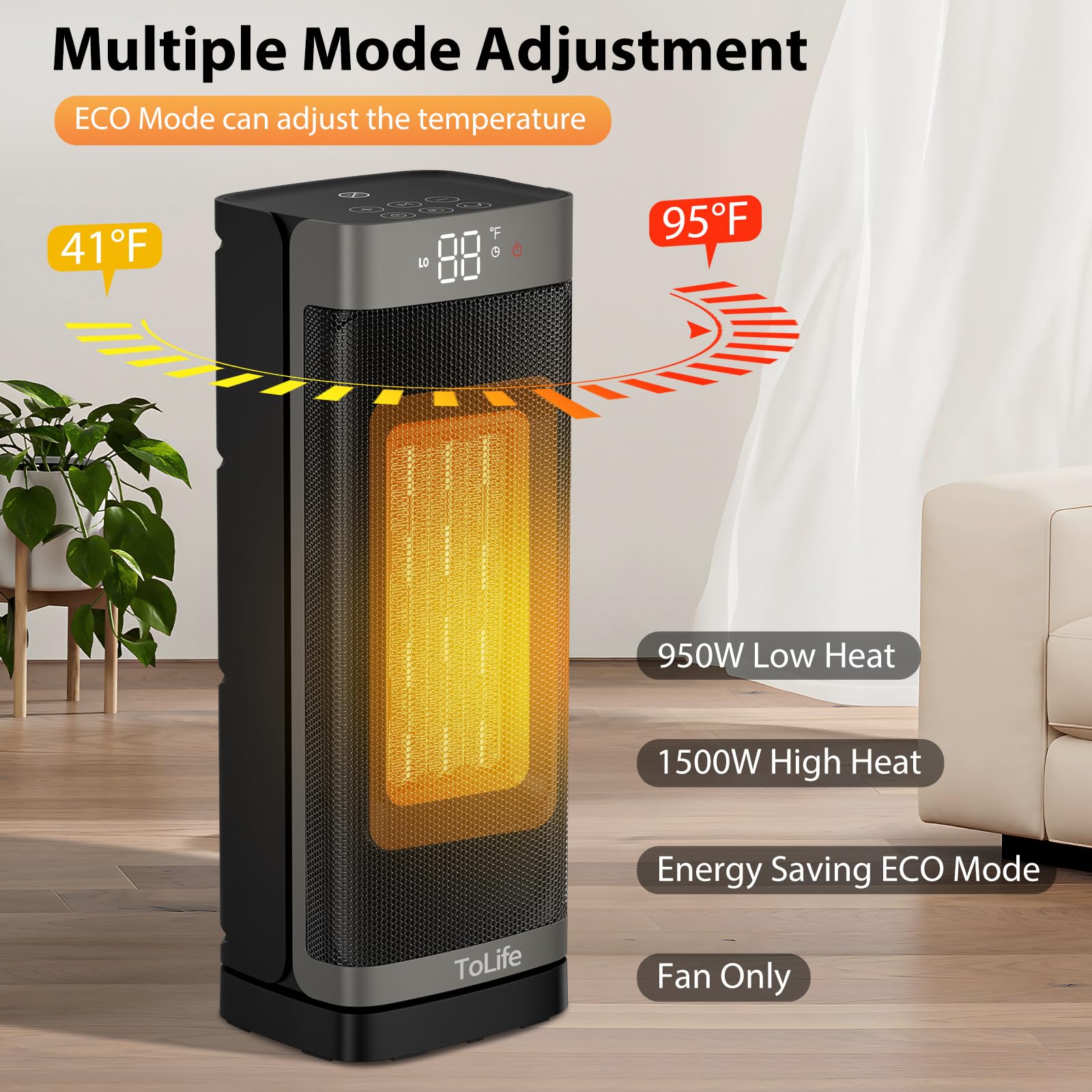 Space Heater Indoor with Thermostat, 16 inch PTC Electric Heater, 60°Oscillating, 4 Modes, 12h Timer, 1500W Portable Heater for Indoor Use, Grey