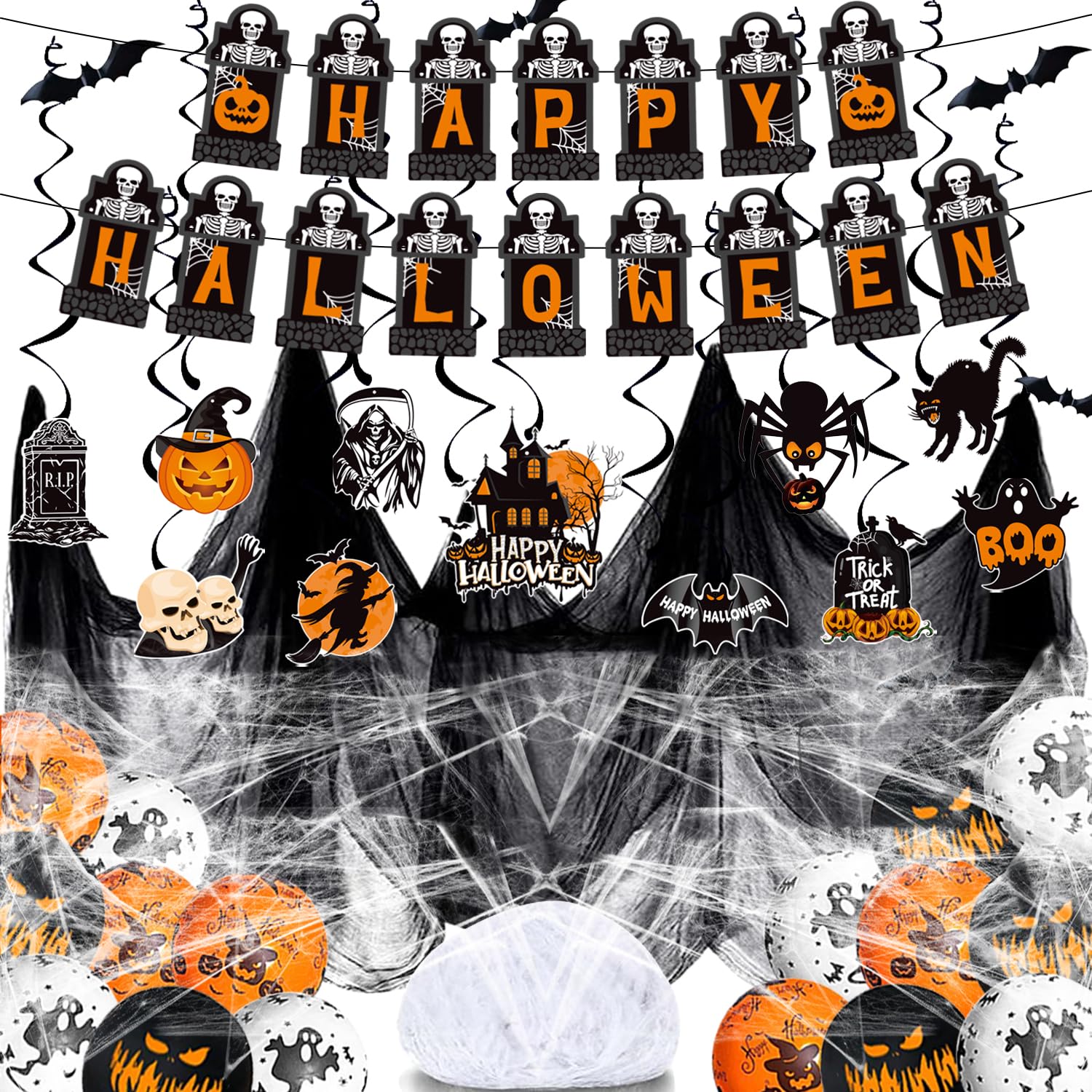 Halloween Party Decoration Halloween Party Supplies, Spooky Halloween Banner Halloween Hanging Swirl Decorations Creepy Cloth Halloween Theme Balloons Scary 3D Bats Spider Web Decorations