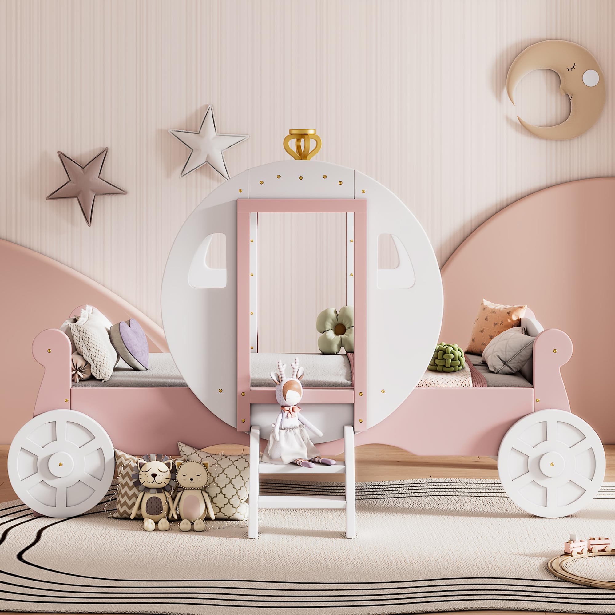 DEINPPA Twin Size Princess Bed with Crown, Wood Carriage Shaped Platform Car Bed with Stair, for Kids Girls Toddler, White+Pink