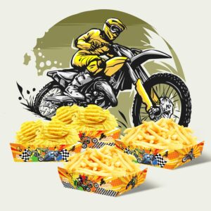 heidaman dirt bike paper trays, 12pce, yellow, disposable, motorcycle design, birthday party supplies