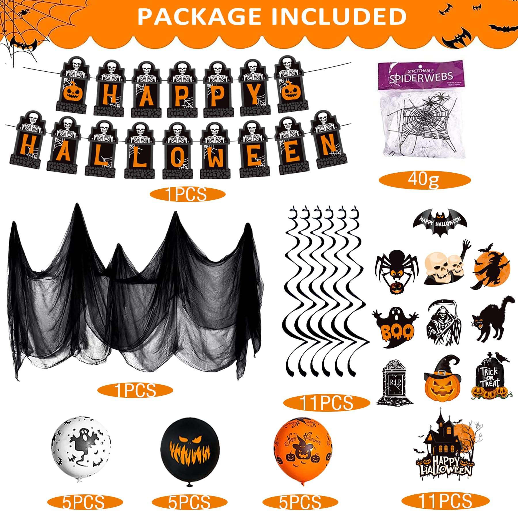 Halloween Party Decoration Halloween Party Supplies, Spooky Halloween Banner Halloween Hanging Swirl Decorations Creepy Cloth Halloween Theme Balloons Scary 3D Bats Spider Web Decorations