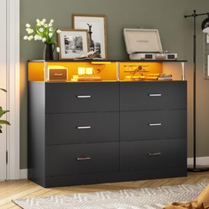 aogllati black dresser for bedroom with 6 drawers, dressers & chests of drawers with column design & charging station, modern bedroom led wide dresser for bedroom closet