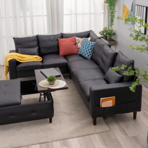 panana 6 seats fuax leather large sectional corner sofa settee - sofa for living room-left/right-hand side sofas, black