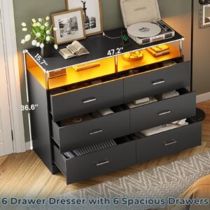 AOGLLATI Black Dresser for Bedroom with 6 Drawers, Dressers & Chests of Drawers with Column Design & Charging Station, Modern Bedroom Led Wide Dresser for Bedroom Closet