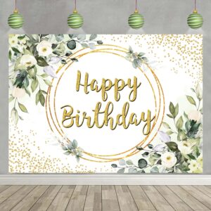 green happy birthday backdrop greenery succulent and gold eucalyptus green leaves photography background jungle boys girl women baby shower birthday party decor banner (7x5ft(82x59inch))