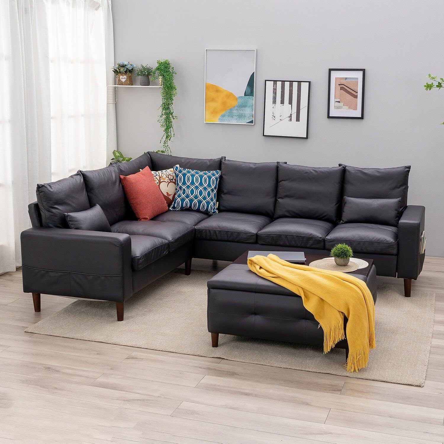 Panana 6 Seats Fuax Leather Large SECTIONAL Corner Sofa Settee - Sofa for Living Room-Left/Right-Hand Side Sofas, Black