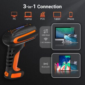 Tera Barcode Scanner Wireless 2D QR: Pro Version All New Battery Level Indicator 2500mAh Industrial Drop-Proof 1D 2D QR Bar Code Reader Works with Bluetooth 2.4G for Windows Mac Android iOS 8100Pro