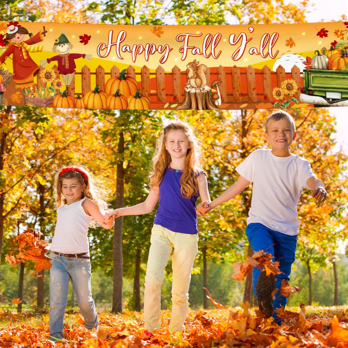 Fall Y'all Party Banner Happy Fall Decorations Outdoor Polyester Scarecrow Fall Leaves Fall Garden Sign for Home Front Porch Yard Sign Thanksgiving Decorations Fall Party Supplies