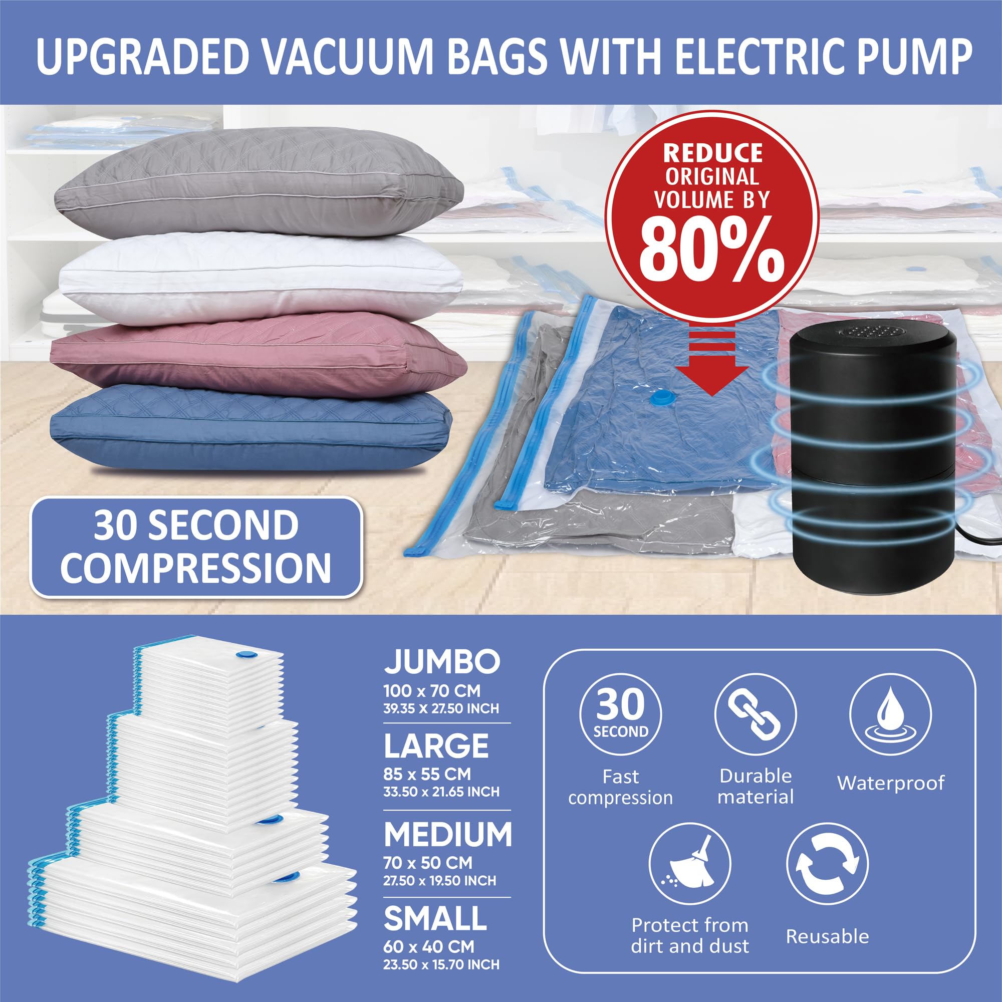 32 Vacuum Storage Bags with Electric Pump, Vacuum Sealed Storage Bags (5Jumbo/5Large/11Medium/11Small), Space Saver Vacuum Seal Bags for Clothing, Comforters, Pillows, Towel, Blanket Storage, Bedding