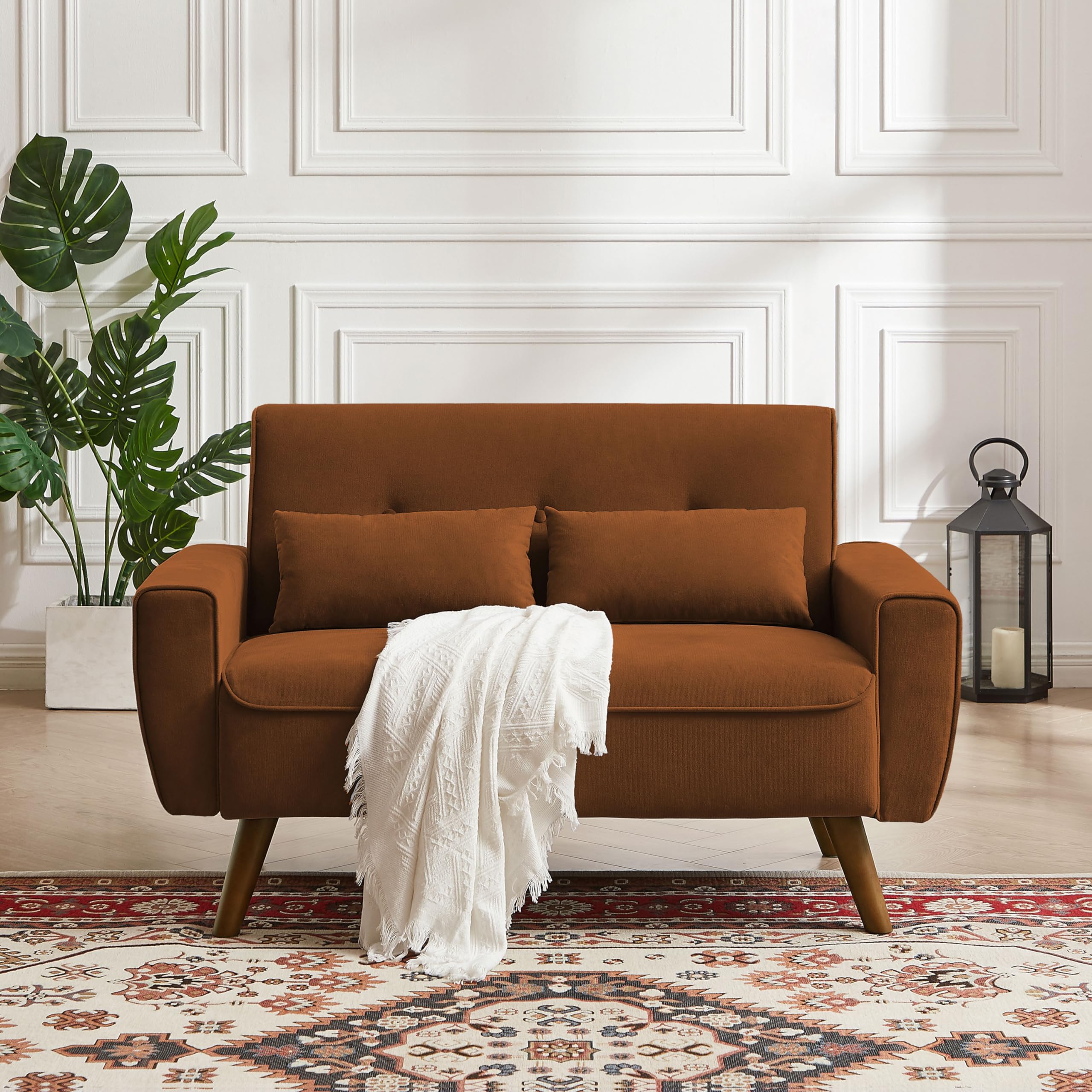 Tornama 48" Small Loveseat Sofa, Mid Century Modern Love Seat Couch, 2 Seat Tufted Couches with Throw Pillows for Living Room, Apartment, Bedroom and Small Spaces, Orange