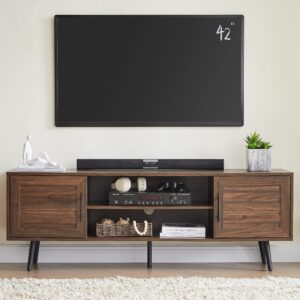 edyo living 65" mid century modern tv stand, wood tv stand with storage cabinet and open shelf for televisions up to 65", entertainment center, tv console table for living room, dark walnut