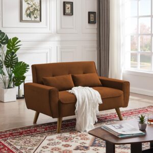 Tornama 48" Small Loveseat Sofa, Mid Century Modern Love Seat Couch, 2 Seat Tufted Couches with Throw Pillows for Living Room, Apartment, Bedroom and Small Spaces, Orange