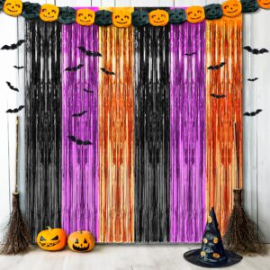 algpty 3 pack halloween foil curtains backdrop with 16 pcs halloween bats, 3.3 x 6.6ft orange purple black metallic tinsel foil fringe curtains halloween party photo booth props halloween decor indoor