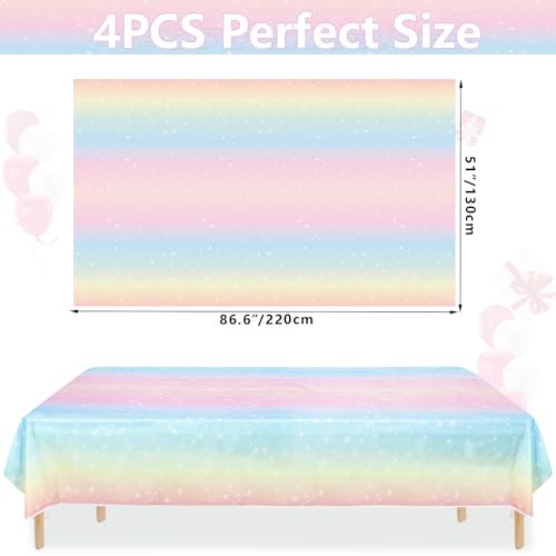 QUERICKY 4 Pack Pastel Rainbow Tablecloths, 51x87'' Plastic Disposable Rectangle Pastel Rainbow Table Cover for Girls Rainbow Birthday Party Decorations Baby Shower Party Supplies