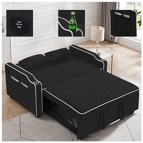 3 in 1 Convertible Sofa Bed with USB Ports, 55'' Velvet Comfy Loveseat Sleeper Sofa Couch With Cup Holders, Pull Out Couch Bed Sleeper Sofa with Storage, Living Room Furniture Set with Pillows (Black)