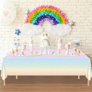 QUERICKY 4 Pack Pastel Rainbow Tablecloths, 51x87'' Plastic Disposable Rectangle Pastel Rainbow Table Cover for Girls Rainbow Birthday Party Decorations Baby Shower Party Supplies