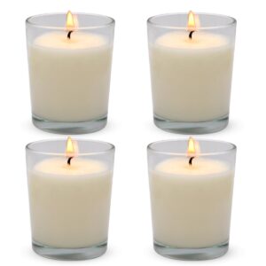 set of 4 white votive candles, clear glass filled unscented soy wax candle for home décor weddings spa holidays party and diy