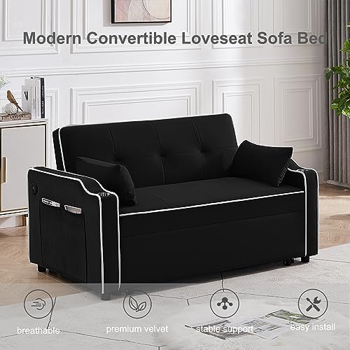 3 in 1 Convertible Sofa Bed with USB Ports, 55'' Velvet Comfy Loveseat Sleeper Sofa Couch With Cup Holders, Pull Out Couch Bed Sleeper Sofa with Storage, Living Room Furniture Set with Pillows (Black)