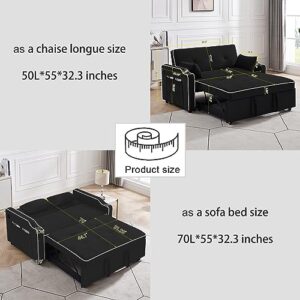 3 in 1 Convertible Sofa Bed with USB Ports, 55'' Velvet Comfy Loveseat Sleeper Sofa Couch With Cup Holders, Pull Out Couch Bed Sleeper Sofa with Storage, Living Room Furniture Set with Pillows (Black)