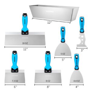 KEZERS Drywall Hand Tool Kit, 7 Pieces 3" 4" 5" 6" 8" 12" Stainless Steel Drywall Knife with Metal Hammer End, includes Putty Knife, Taping Knife, and 12" Mud Pan with Ergonomic Grip for Drywall Work