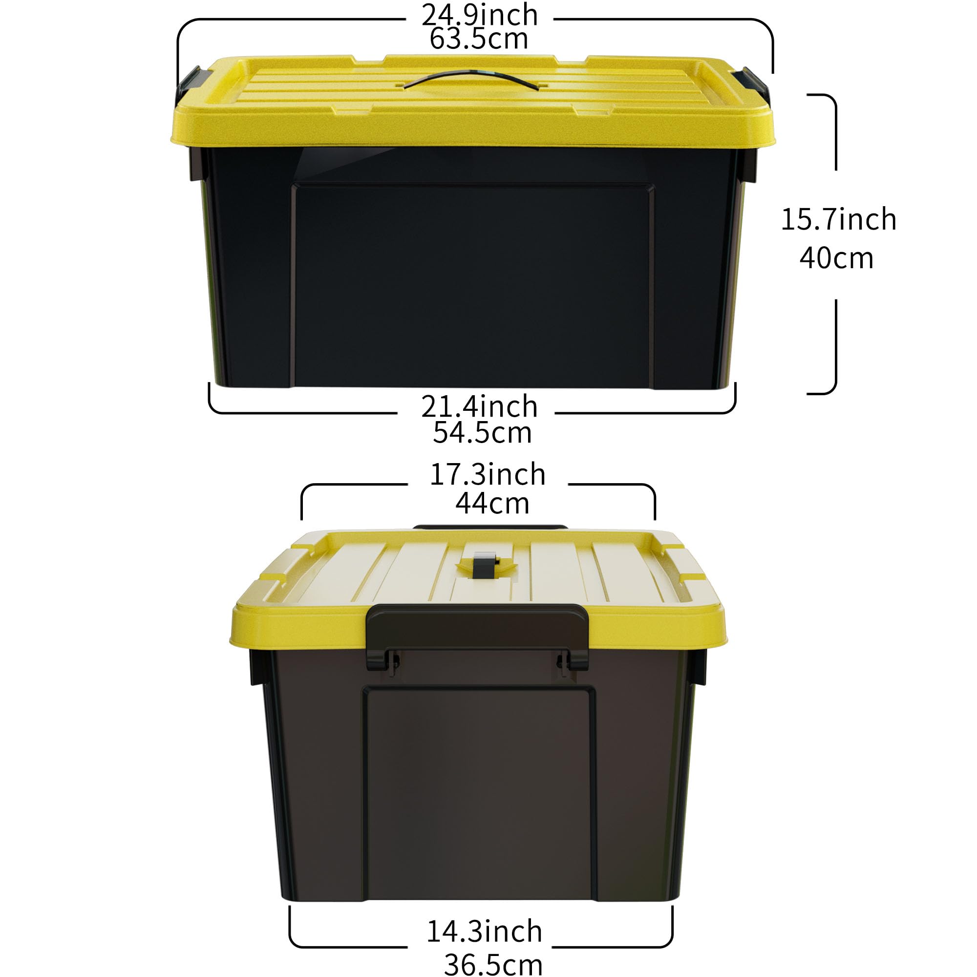 Cetomo 95Qt*4 Durabilt Flip Lid Stackable Heavy Duty Tough Storage Container Tote, Plastic Storage Bins, Storage Box, Black Base with Yellow Lid (4 Pack)