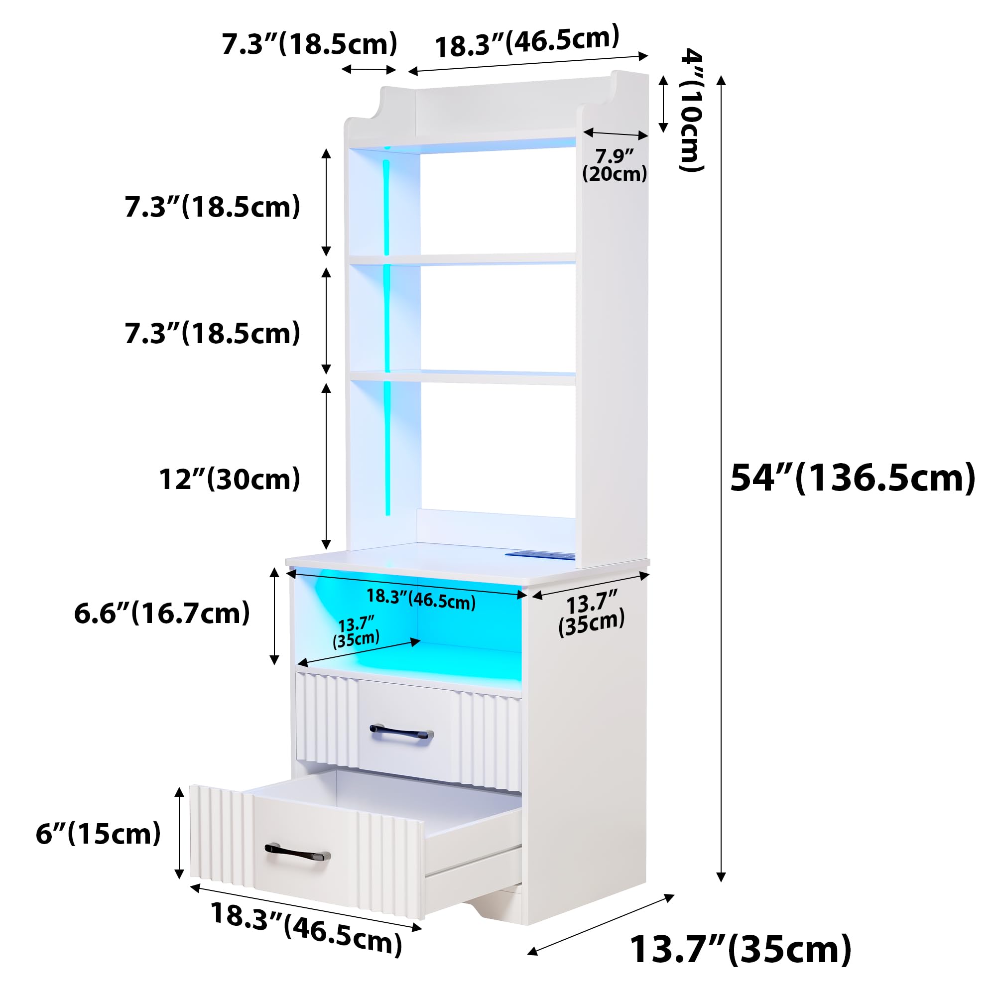 Vlsrka Tall Nightstand with Charging Station, 54" Smart Nightstand with LED Lights, Modern Night Stand with Bookshelf, Bedside Tables with Storage Cabinet for Bedroom, White