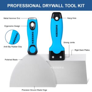 KEZERS Drywall Hand Tool Kit, 7 Pieces 3" 4" 5" 6" 8" 12" Stainless Steel Drywall Knife with Metal Hammer End, includes Putty Knife, Taping Knife, and 12" Mud Pan with Ergonomic Grip for Drywall Work