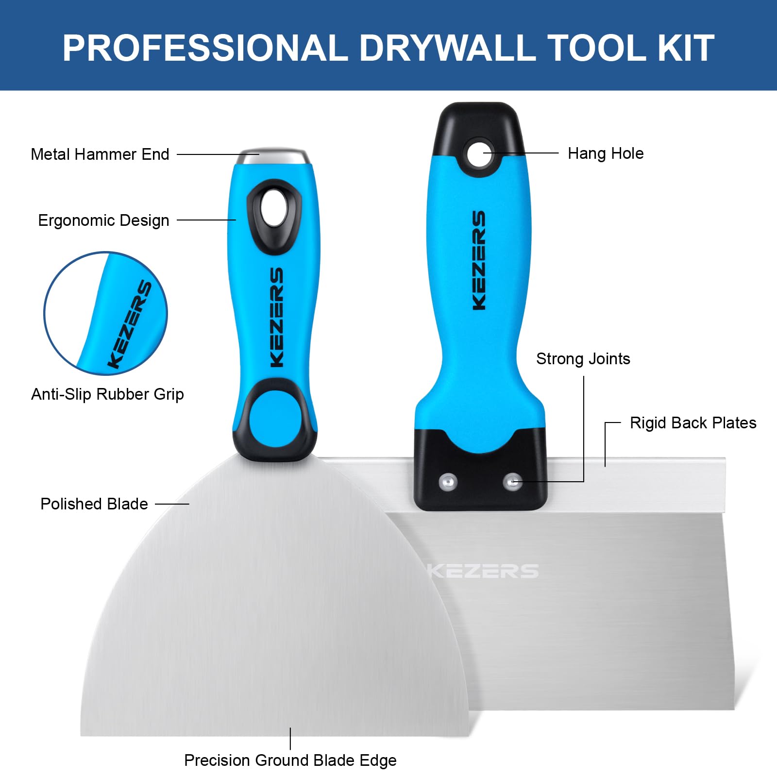 KEZERS Drywall Hand Tool Kit, 7 Pieces 3" 4" 5" 6" 8" 12" Stainless Steel Drywall Knife with Metal Hammer End, includes Putty Knife, Taping Knife, and 12" Mud Pan with Ergonomic Grip for Drywall Work