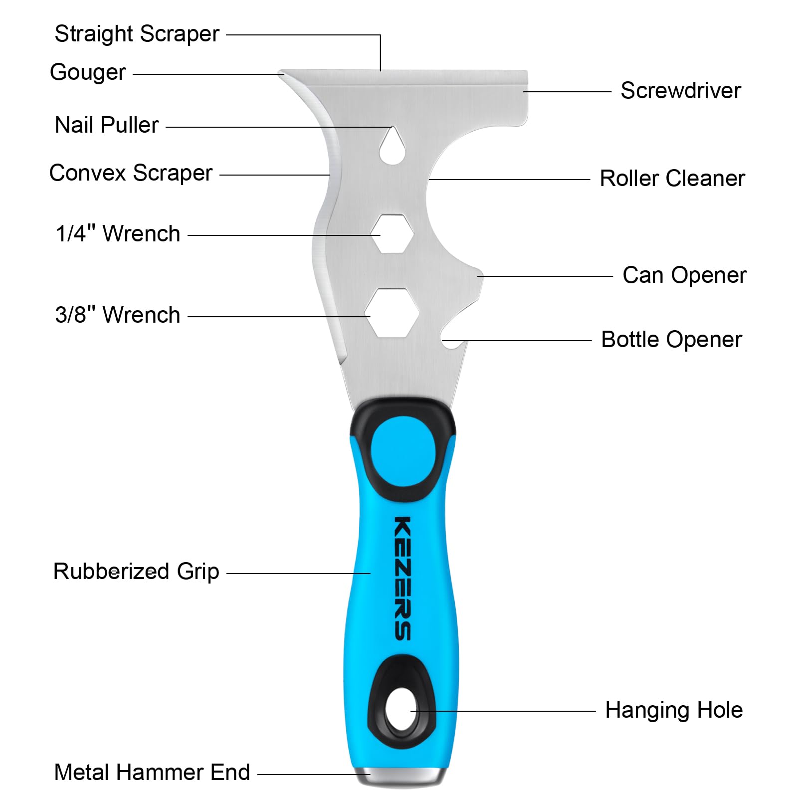 KEZERS Drywall Hand Tool Kit, 7 Pieces 3" 4" 5" 6" 8" 12" Stainless Steel Drywall Knife with Metal Hammer End, includes Putty Knife, Taping Knife, and 12" Mud Pan with Ergonomic Grip for Drywall Work