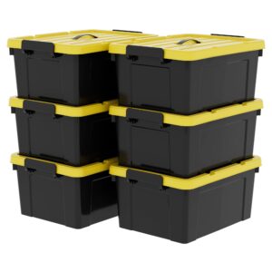 cetomo 40qt*6 durabilt flip lid stackable heavy duty tough storage container tote, plastic storage bins, storage box, black base with yellow lid (6 pack)