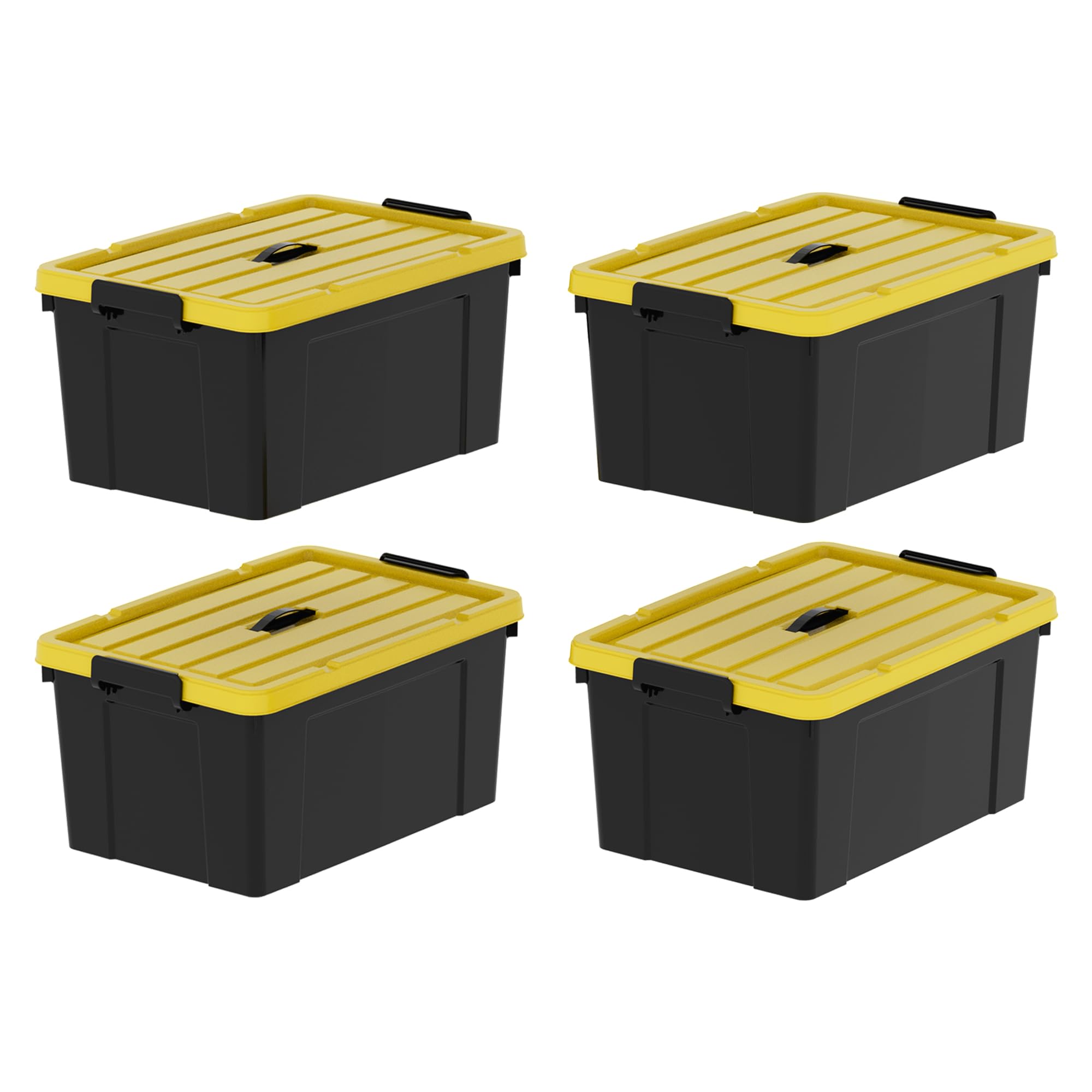 Cetomo 95Qt*4 Durabilt Flip Lid Stackable Heavy Duty Tough Storage Container Tote, Plastic Storage Bins, Storage Box, Black Base with Yellow Lid (4 Pack)