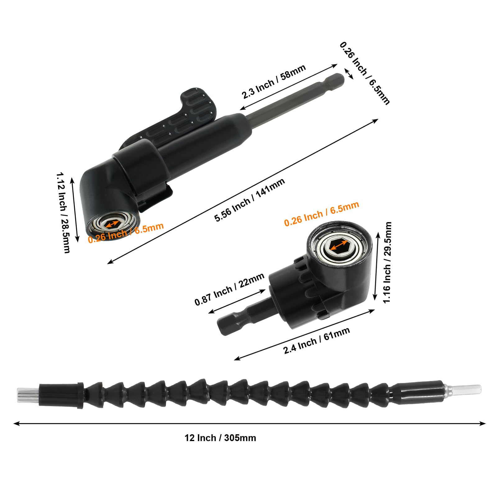 Hordion 3Pcs 105 Degree Right Angle Drill Extension Power Screwdriver Drill Attachment, 1/4 Drive Hex Bit Flexible Screwdriver for Screwdriver Drill（Black）