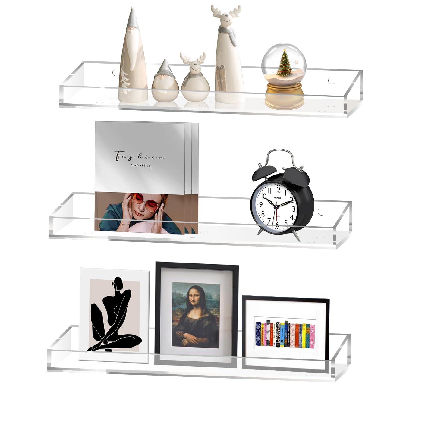 Clear Acrylic Shelves for Wall Storage, 3PCS 15" Floating Shelves Wall Mounted, Kids Bookshelf, Display Ledge for Bedroom, Living Room, Bathroom, Kitchen,